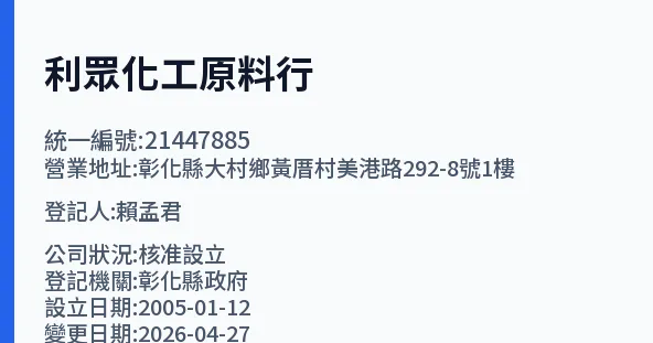 利眾化工原料行的照片-統編 21447885(彰化縣) 公司登記資料與營業項目詳細圖表