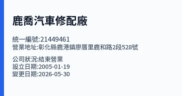 鹿喬汽車修配廠的照片-統編 21449461(彰化縣) 公司登記資料與營業項目詳細圖表