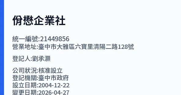 佾懋企業社的照片-統編 21449856(臺中市) 公司登記資料與營業項目詳細圖表