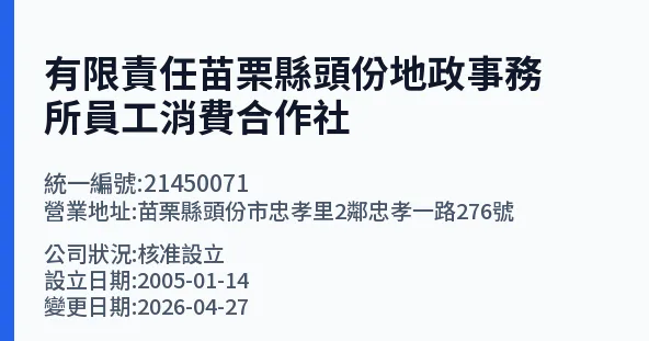 有限責任苗栗縣頭份地政事務所員工消費合作社的照片-統編 21450071(苗栗縣) 公司登記資料與營業項目詳細圖表