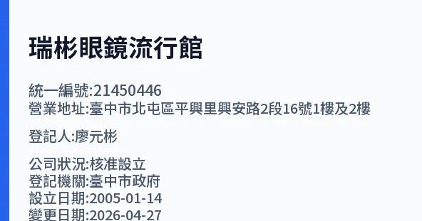瑞彬眼鏡流行館的照片-統編 21450446(臺中市) 公司登記資料與營業項目詳細圖表