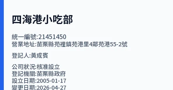 四海港小吃部的照片-統編 21451450(苗栗縣) 公司登記資料與營業項目詳細圖表