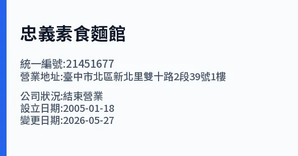 忠義素食麵館的照片-統編 21451677(臺中市) 公司登記資料與營業項目詳細圖表