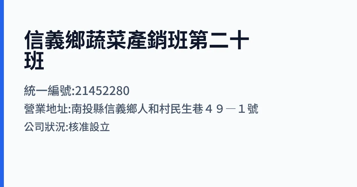 信義鄉蔬菜產銷班第二十班 - 統編 21452280(南投縣) 公司登記資料與營業項目詳細圖表
