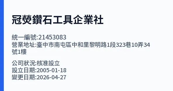 冠熒鑽石工具企業社的照片-統編 21453083(臺中市) 公司登記資料與營業項目詳細圖表