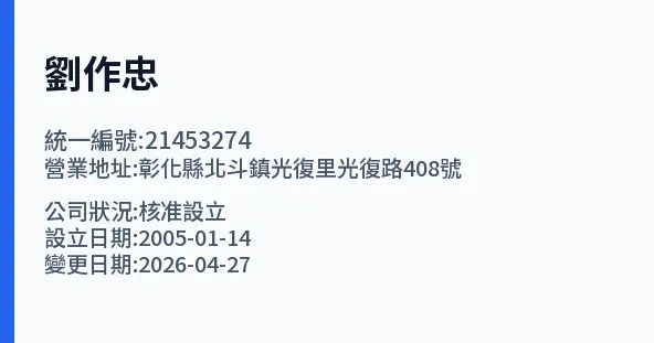 劉作忠的照片-統編 21453274(彰化縣) 公司登記資料與營業項目詳細圖表