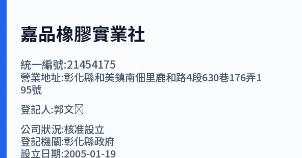 嘉品橡膠實業社的照片-統編 21454175(彰化縣) 公司登記資料與營業項目詳細圖表