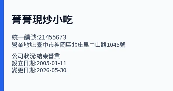 菁菁現炒小吃的照片-統編 21455673(臺中市) 公司登記資料與營業項目詳細圖表