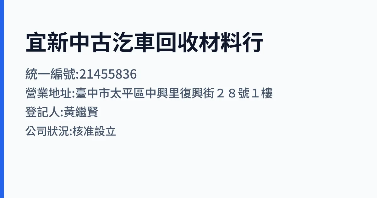 宜新中古汔車回收材料行 - 統編 21455836(臺中市) 公司登記資料與營業項目詳細圖表
