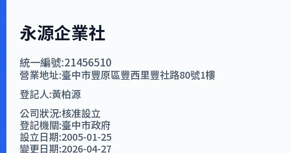永源企業社的照片-統編 21456510(臺中市) 公司登記資料與營業項目詳細圖表