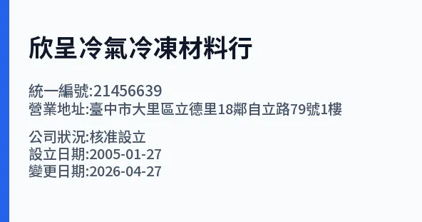 欣呈冷氣冷凍材料行的照片-統編 21456639(臺中市) 公司登記資料與營業項目詳細圖表