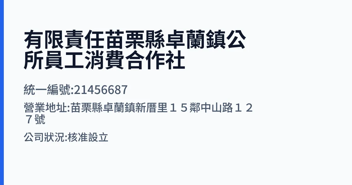 有限責任苗栗縣卓蘭鎮公所員工消費合作社 - 統編 21456687(苗栗縣) 公司登記資料與營業項目詳細圖表