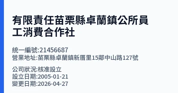有限責任苗栗縣卓蘭鎮公所員工消費合作社的照片-統編 21456687(苗栗縣) 公司登記資料與營業項目詳細圖表
