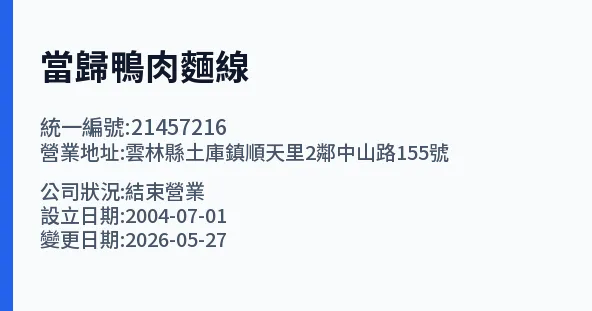 當歸鴨肉麵線的照片-統編 21457216(雲林縣) 公司登記資料與營業項目詳細圖表