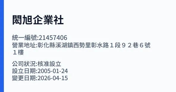 閎旭企業社的照片-統編 21457406(彰化縣) 公司登記資料與營業項目詳細圖表