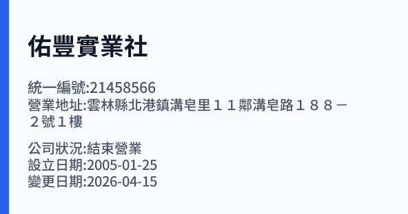 佑豐實業社的照片-統編 21458566(雲林縣) 公司登記資料與營業項目詳細圖表
