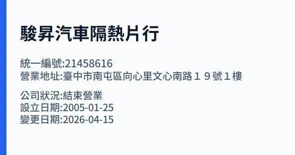 駿昇汽車隔熱片行的照片-統編 21458616(臺中市) 公司登記資料與營業項目詳細圖表