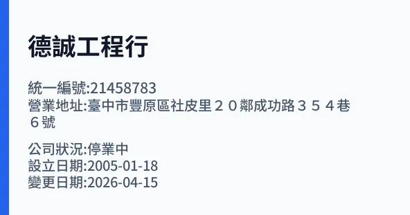 德誠工程行的照片-統編 21458783(臺中市) 公司登記資料與營業項目詳細圖表