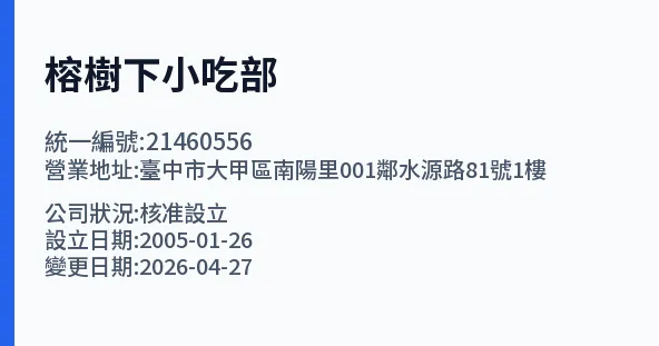 榕樹下小吃部的照片-統編 21460556(臺中市) 公司登記資料與營業項目詳細圖表