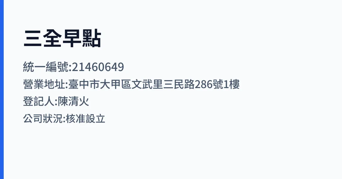 三全早點 - 統編 21460649(臺中市) 公司登記資料與營業項目詳細圖表