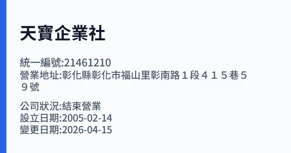 天寶企業社的照片-統編 21461210(彰化縣) 公司登記資料與營業項目詳細圖表