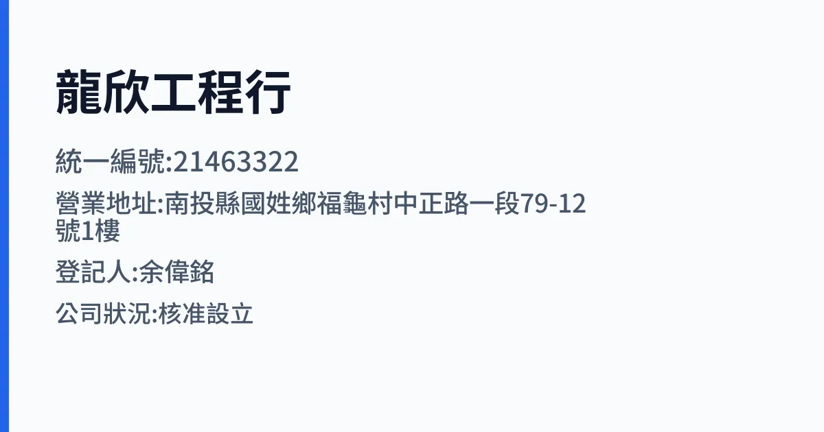 龍欣工程行 - 統編 21463322(南投縣) 公司登記資料與營業項目詳細圖表