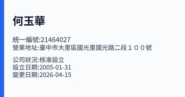 何玉華的照片-統編 21464027(臺中市) 公司登記資料與營業項目詳細圖表