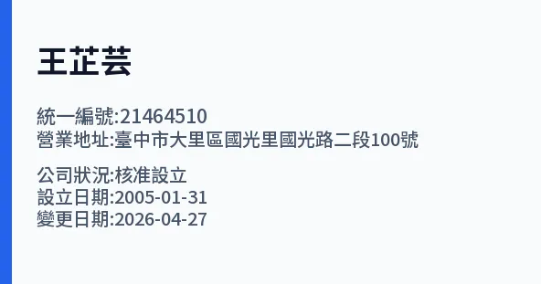 王芷芸的照片-統編 21464510(臺中市) 公司登記資料與營業項目詳細圖表