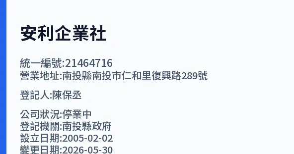 安利企業社的照片-統編 21464716(南投縣) 公司登記資料與營業項目詳細圖表