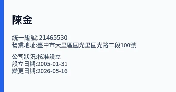 陳金的照片-統編 21465530(臺中市) 公司登記資料與營業項目詳細圖表