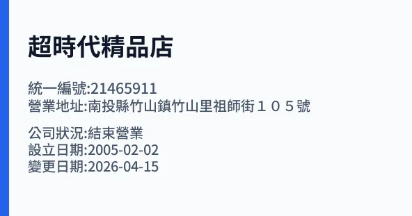 超時代精品店的照片-統編 21465911(南投縣) 公司登記資料與營業項目詳細圖表