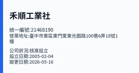 禾順工業社的照片-統編 21468190(臺中市) 公司登記資料與營業項目詳細圖表