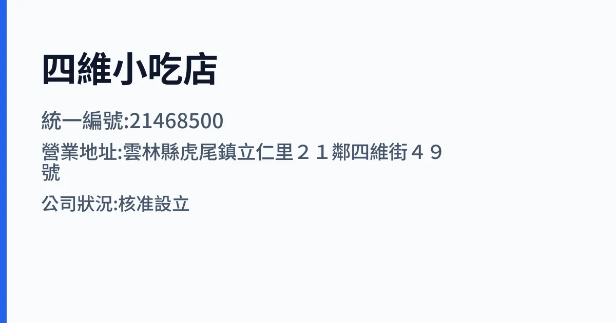 四維小吃店 - 統編 21468500(雲林縣) 公司登記資料與營業項目詳細圖表