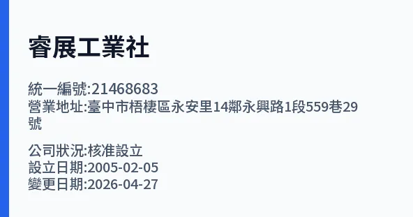 睿展工業社的照片-統編 21468683(臺中市) 公司登記資料與營業項目詳細圖表