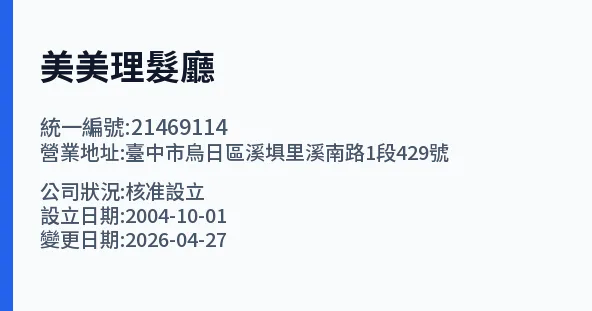 美美理髮廳的照片-統編 21469114(臺中市) 公司登記資料與營業項目詳細圖表
