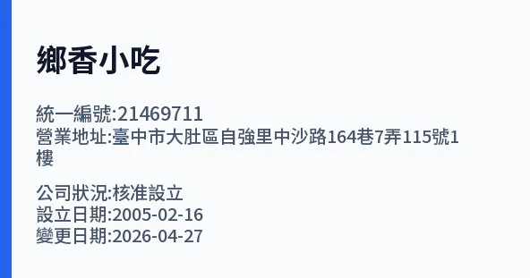 鄉香小吃的照片-統編 21469711(臺中市) 公司登記資料與營業項目詳細圖表