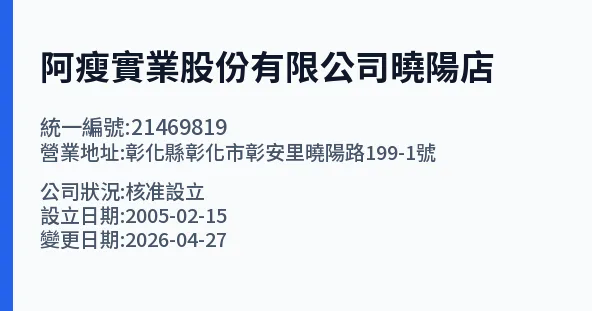 阿瘦實業股份有限公司曉陽店的照片-統編 21469819(彰化縣) 公司登記資料與營業項目詳細圖表