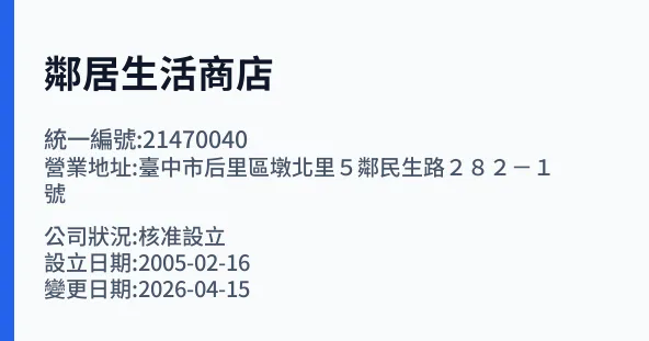 鄰居生活商店的照片-統編 21470040(臺中市) 公司登記資料與營業項目詳細圖表