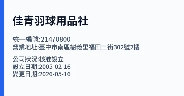 佳青羽球用品社的照片-統編 21470800(臺中市) 公司登記資料與營業項目詳細圖表