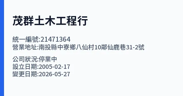 茂群土木工程行的照片-統編 21471364(南投縣) 公司登記資料與營業項目詳細圖表