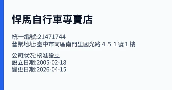 悍馬自行車專賣店的照片-統編 21471744(臺中市) 公司登記資料與營業項目詳細圖表