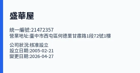 盛華屋的照片-統編 21472357(臺中市) 公司登記資料與營業項目詳細圖表