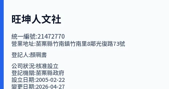 旺坤人文社的照片-統編 21472770(苗栗縣) 公司登記資料與營業項目詳細圖表