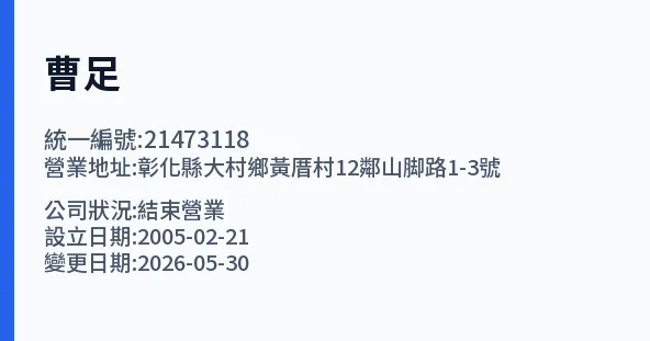 曹足的照片-統編 21473118(彰化縣) 公司登記資料與營業項目詳細圖表