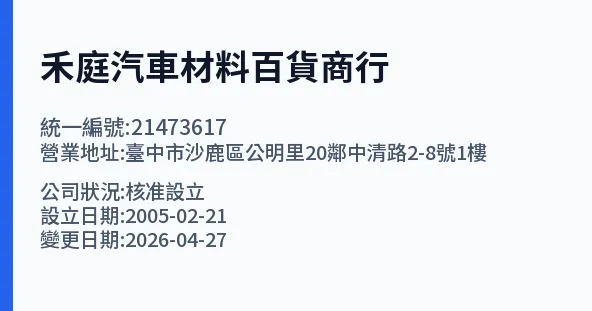 禾庭汽車材料百貨商行的照片-統編 21473617(臺中市) 公司登記資料與營業項目詳細圖表