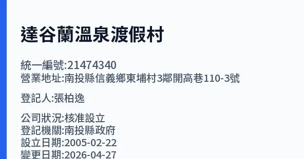 達谷蘭溫泉渡假村的照片-統編 21474340(南投縣) 公司登記資料與營業項目詳細圖表