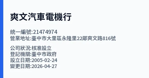 爽文汽車電機行的照片-統編 21474974(臺中市) 公司登記資料與營業項目詳細圖表