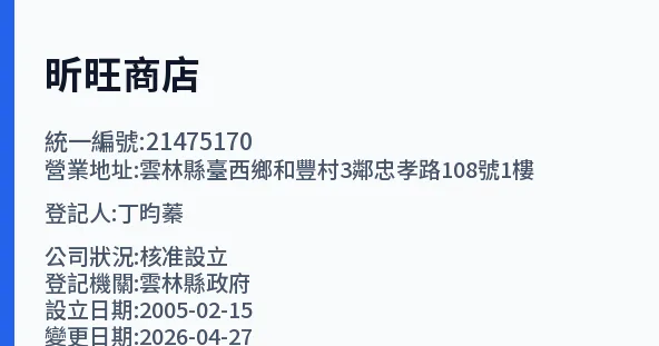 昕旺商店的照片-統編 21475170(雲林縣) 公司登記資料與營業項目詳細圖表