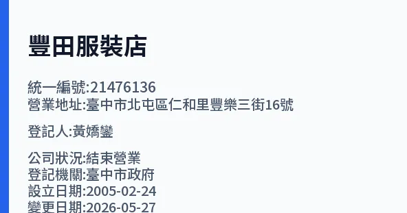 豐田服裝店的照片-統編 21476136(臺中市) 公司登記資料與營業項目詳細圖表