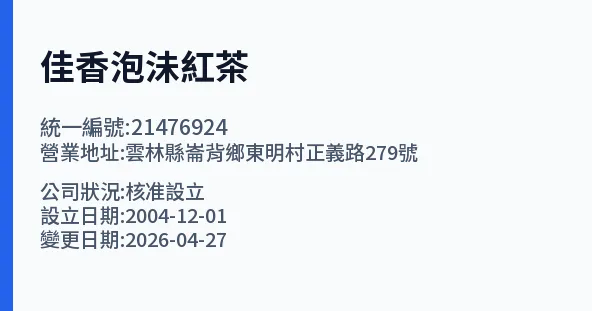 佳香泡沬紅茶的照片-統編 21476924(雲林縣) 公司登記資料與營業項目詳細圖表